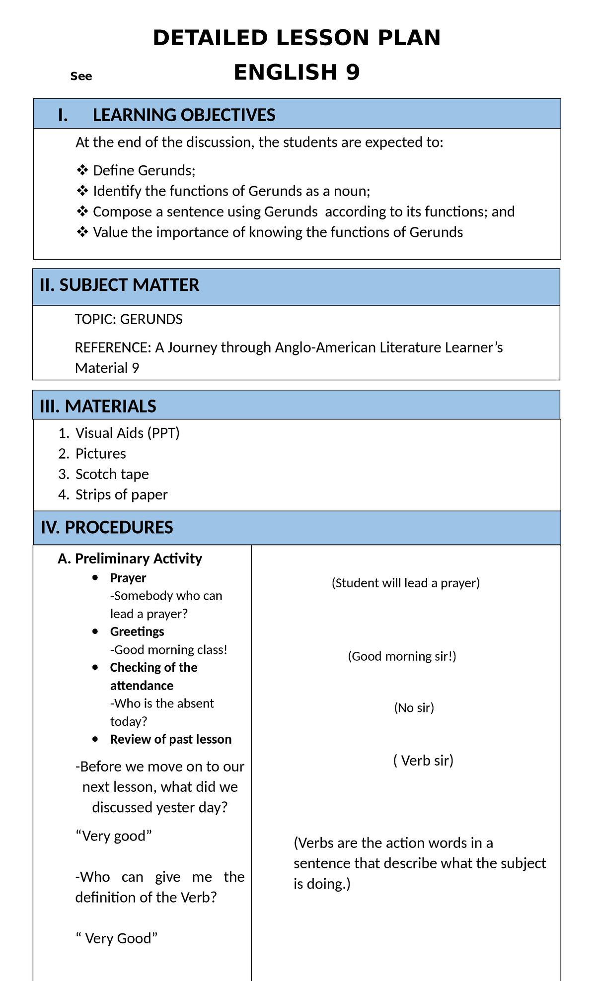 DLP: Detailed Lesson Plan on Gerunds for English 9 - Studocu