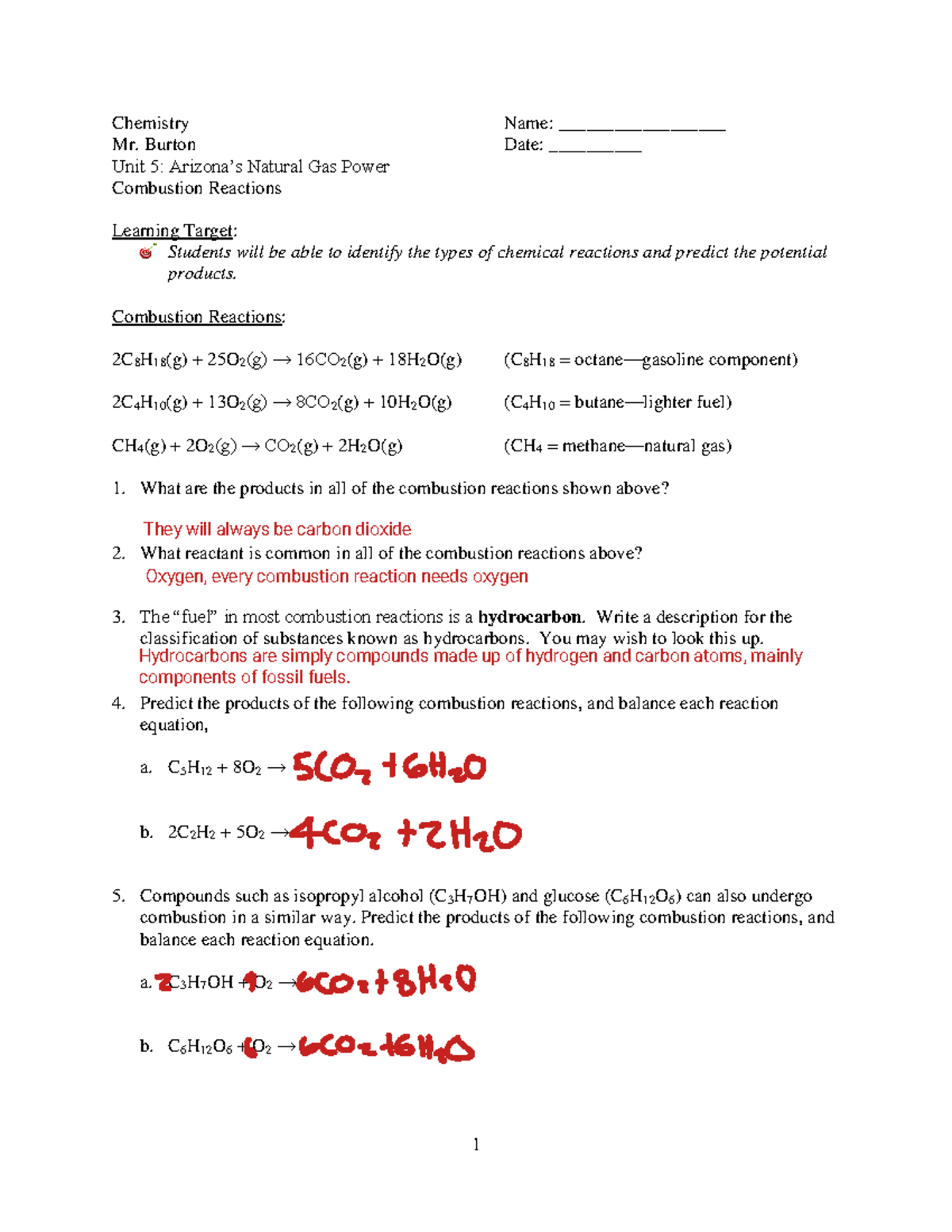 Chem 101 Final Exam: Unit 5 Combustion Reactions Overview - Studocu