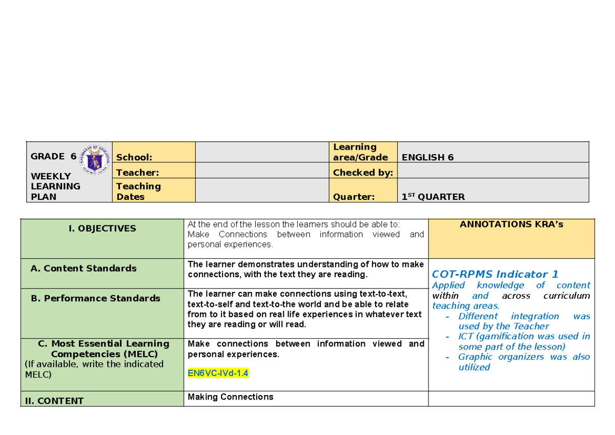ENGLISH 6 1ST QUARTER: WEEKLY LEARNING PLAN ON MAKING CONNECTIONS - Studocu