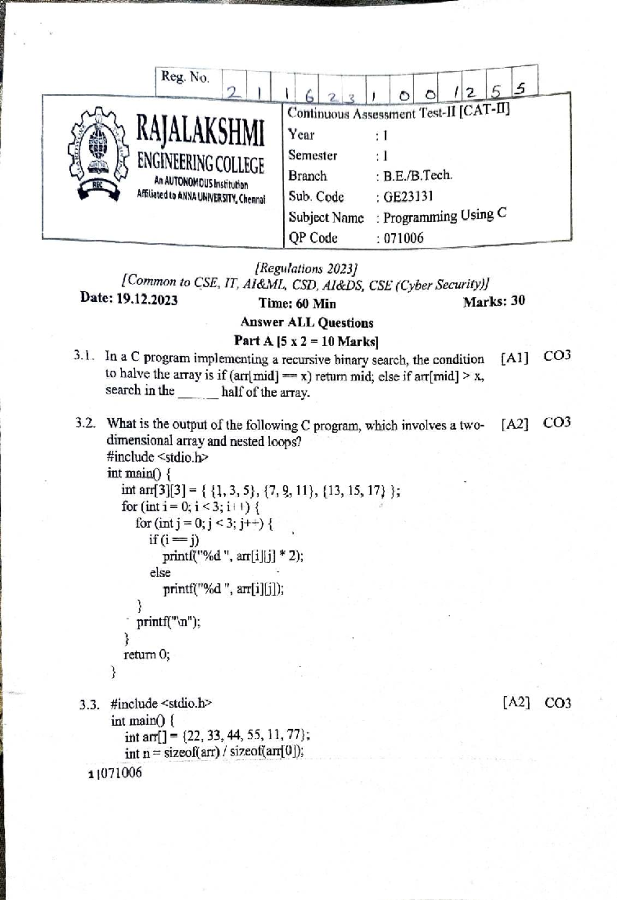 PUC Cat-2: Programming Using C - Continuous Assessment (GE23131) - Studocu