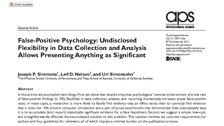 Psychology 22(11) Article: Addressing False Positives in Research - Studocu