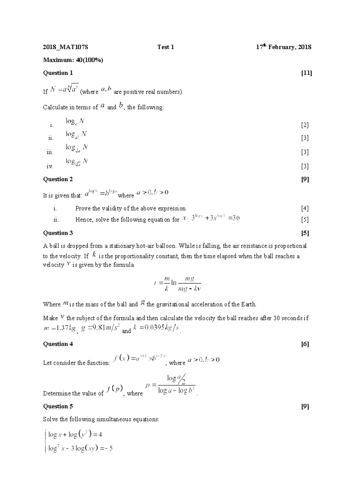 2018 MAT107S Test 1 - Engineering Math 1 Tutorial Questions and ...