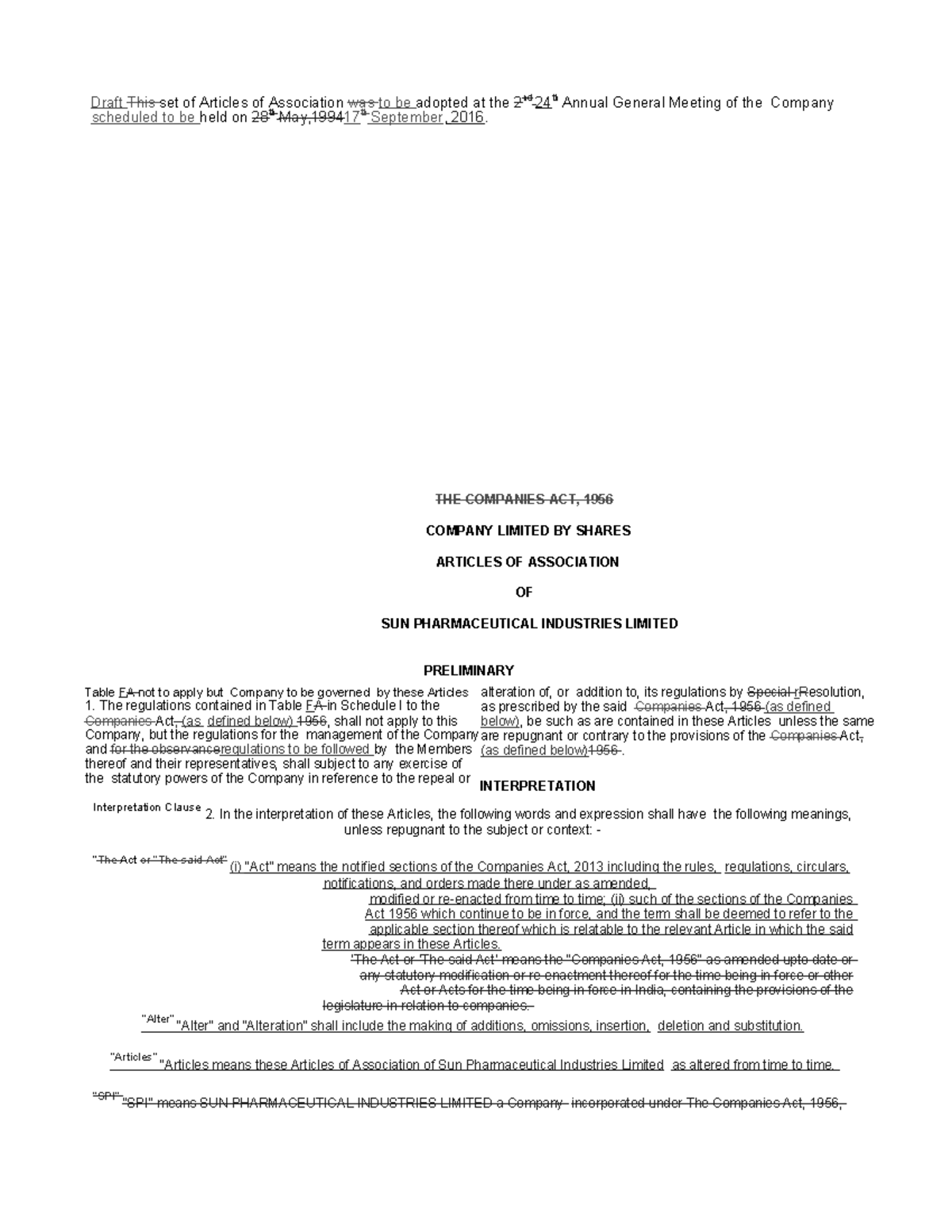 Draft Articles of Association with Proposed Amendments for SPIL - Studocu