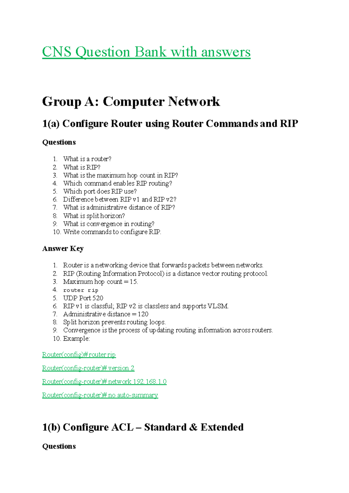 CNS Lab Question Bank: Networking Concepts & Security - Studocu