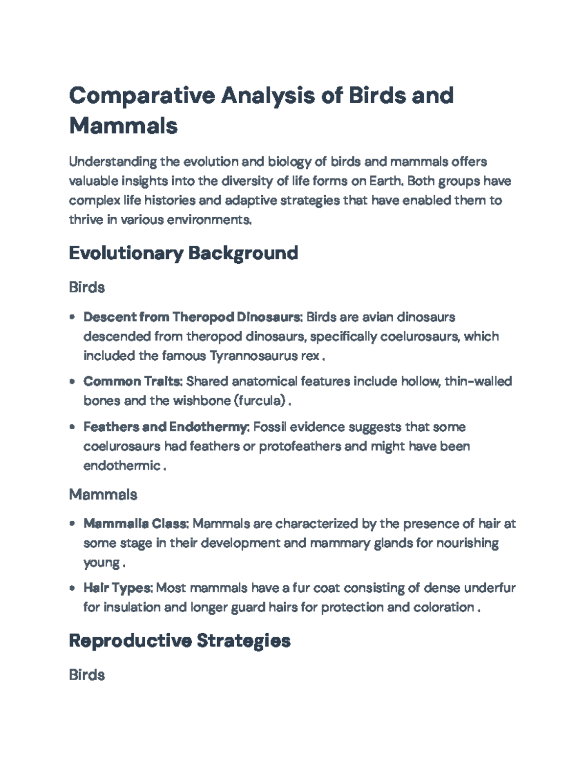 Comparative Analysis of Birds and Mammals: Evolution, Traits, and Care ...