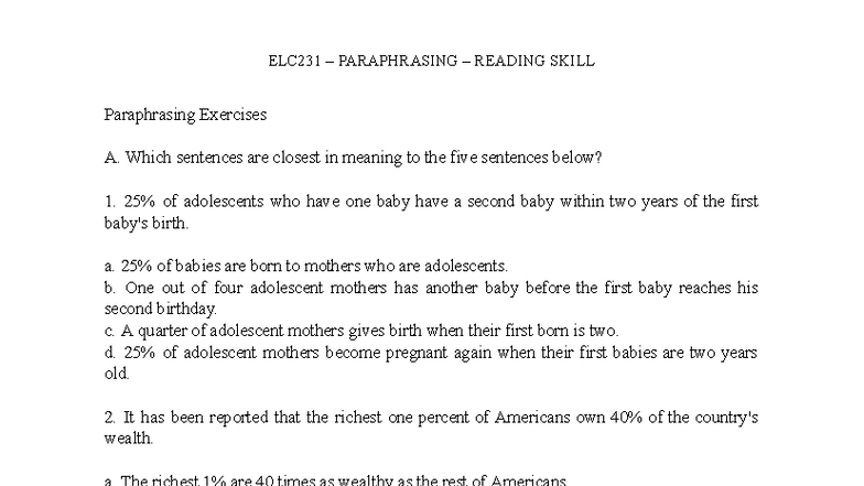 ELC231 Paraphrasing Exercises: Skills and Practice Activities - Studocu
