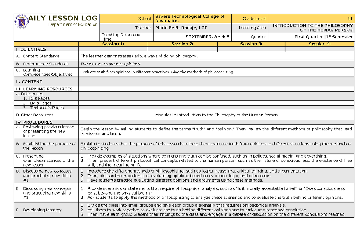 DLL: Intro to Philosophy Q1 Wk 5 Lesson Plan - Studocu