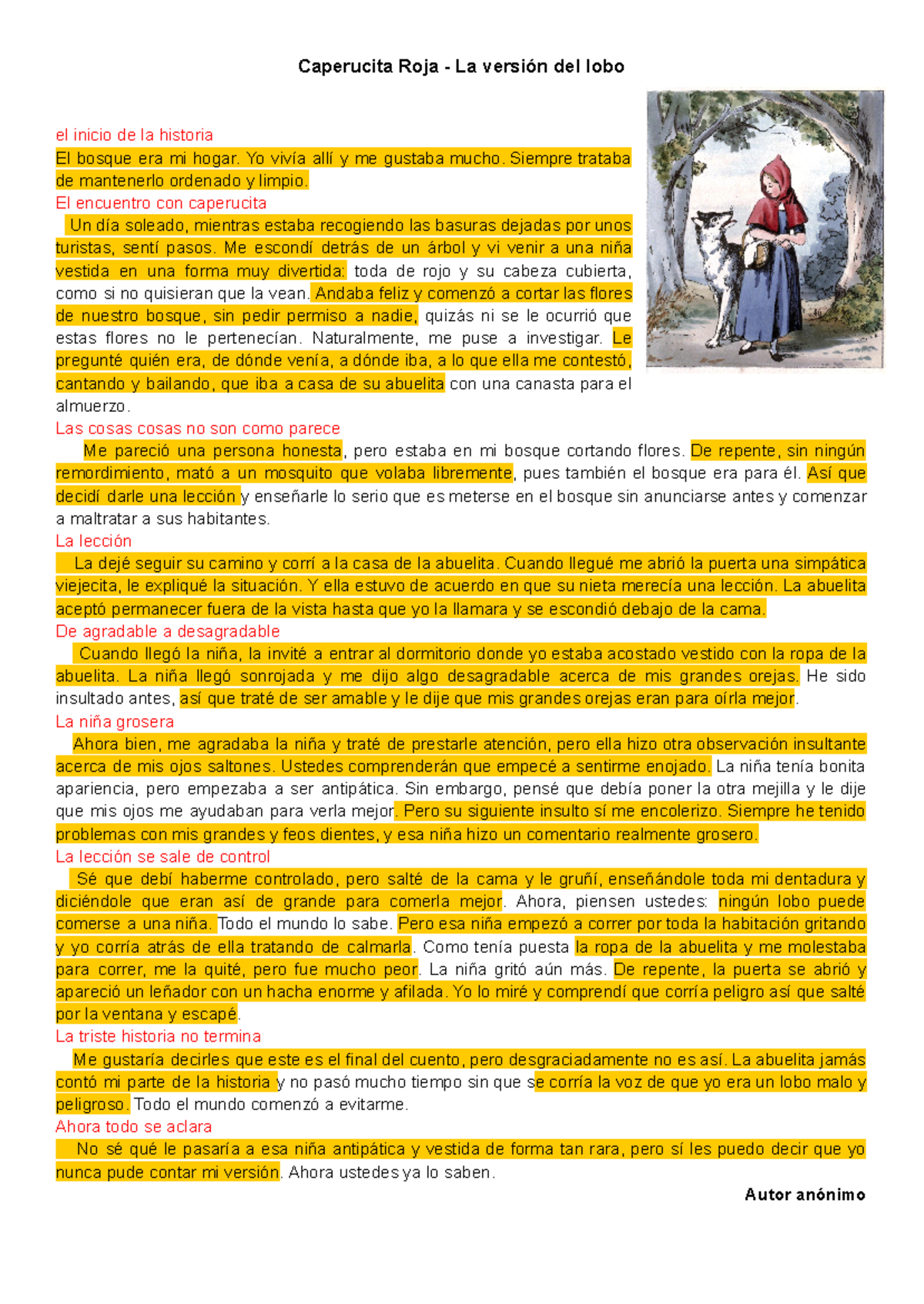 Caperucita Roja - Versión del Lobo y Actividades para Estudiantes - Studocu