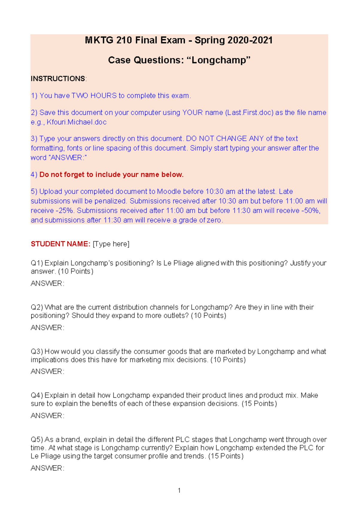MKTG 210 Spring 2021 Final Exam Questions on Longchamp Case Study - Studocu
