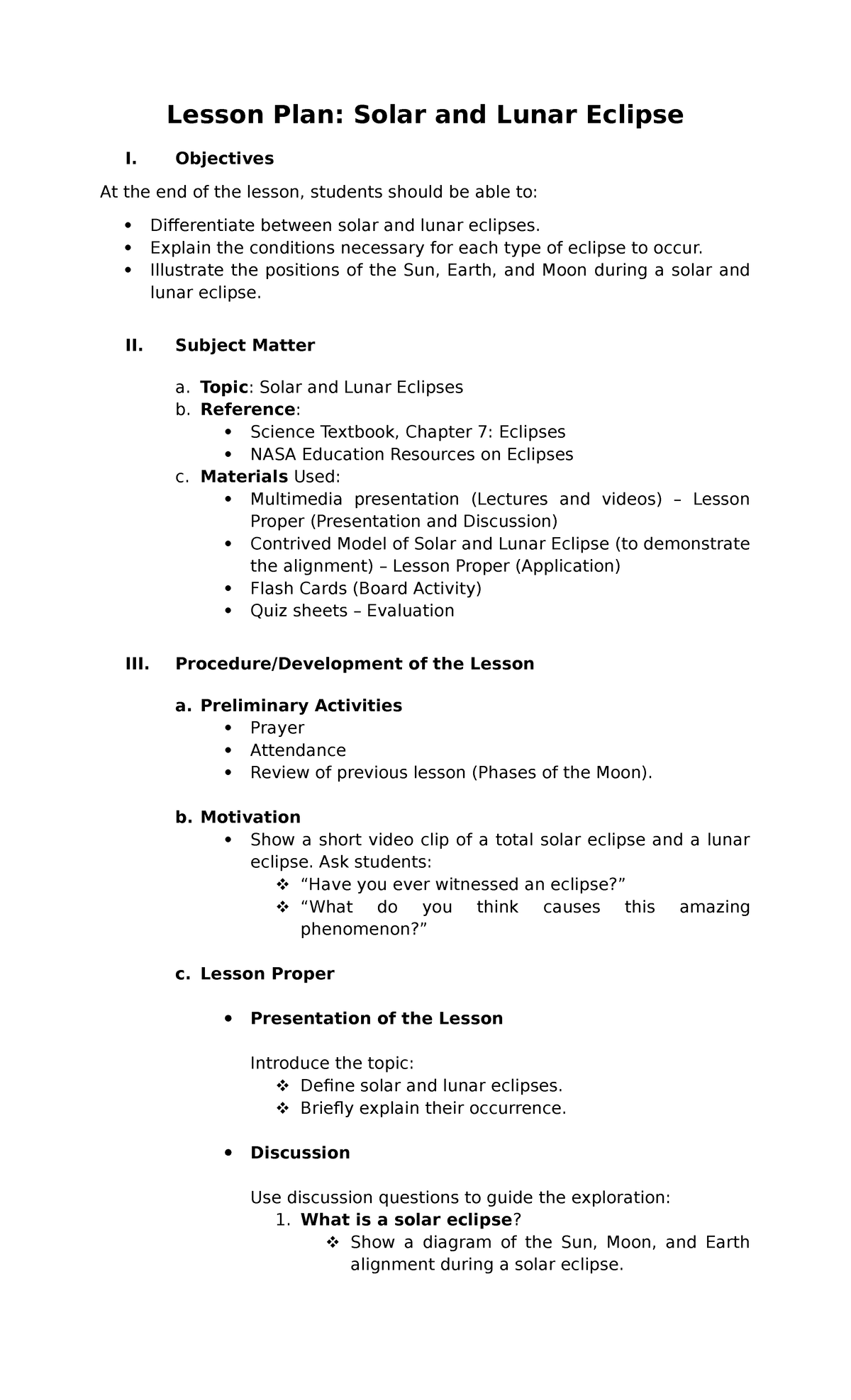 Semi Detailed Lesson Plan-Eclipses - Lesson Plan: Solar and Lunar ...