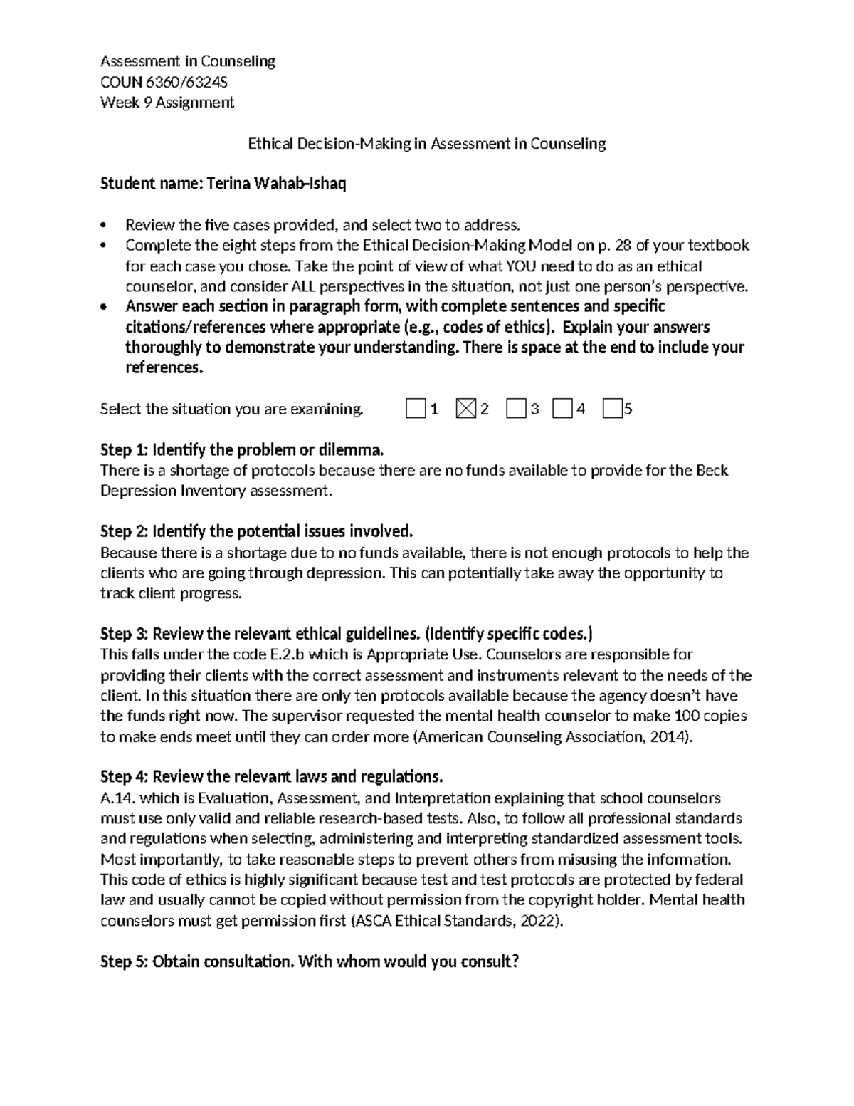 Week 9 EDDM Worksheet - Ethical Assessment Decisions in COUN 6360/6324S ...