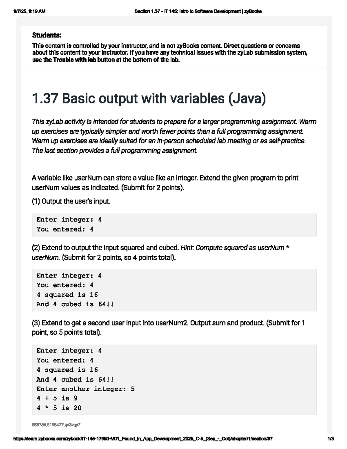 IT 145: Lab Activity 1.37 - Basic Output with Variables (Java) - Studocu