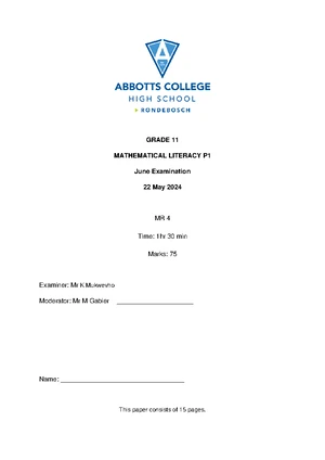 Grade 11 Mathematical Literacy P - June Exam Paper 1 (2024) - Studocu