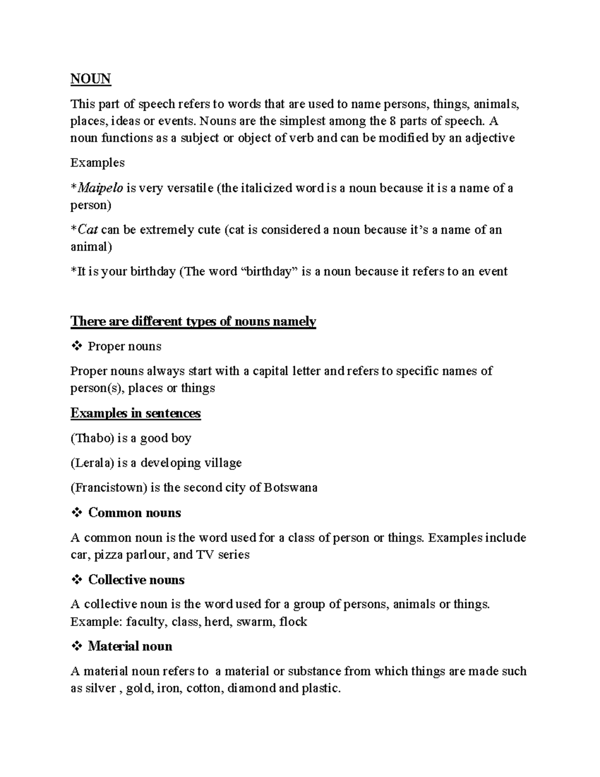 JCE English notes - NOUN This part of speech refers to words that are ...