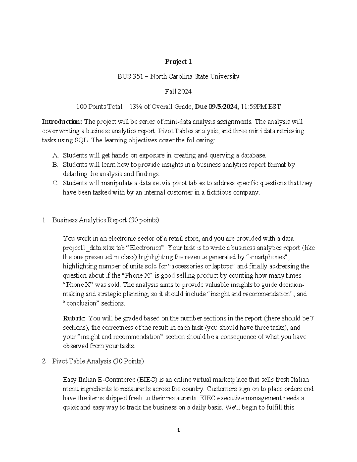 Project 1 Overview BUS 351 NCSU Fall 2024: Business Analytics & SQL ...