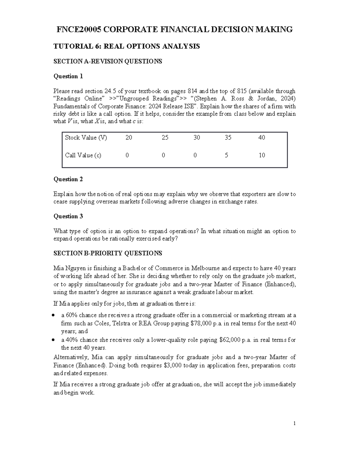 Corporate Finance Tutorial 6: Real Options Analysis Solutions 2026 ...