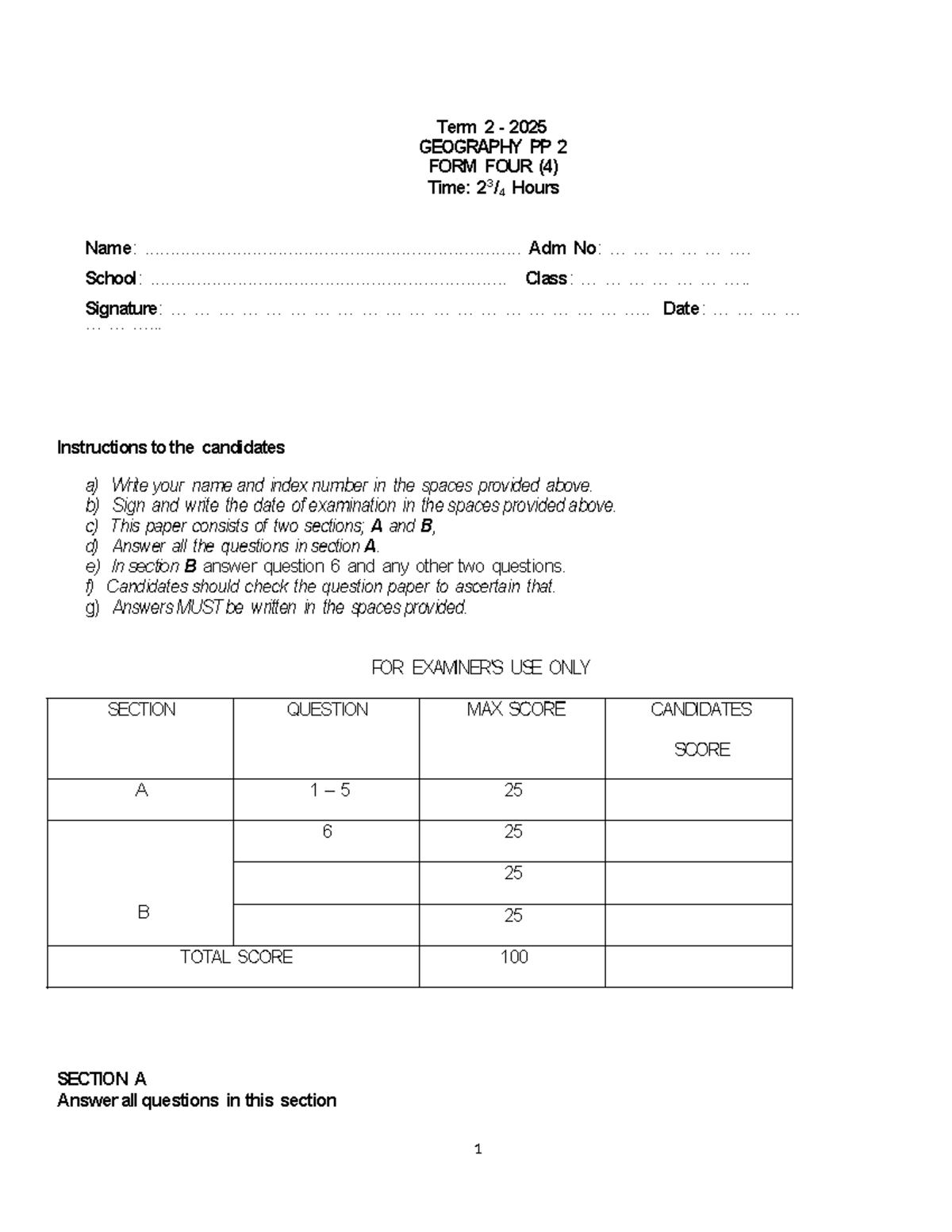 Term 2 2025 Geography PP2 Form Four Exam Questions - Studocu