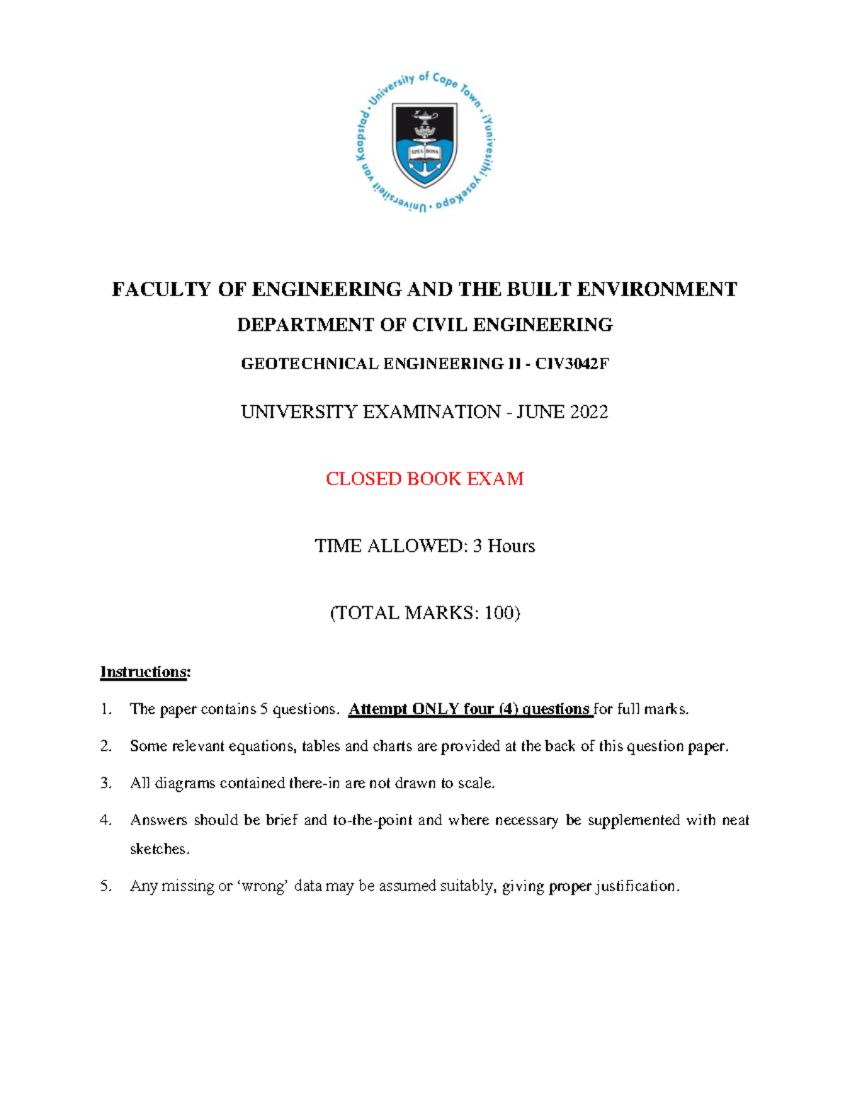 CIV3042F Geotechnical Engineering II June 2022 Exam Paper - Studocu