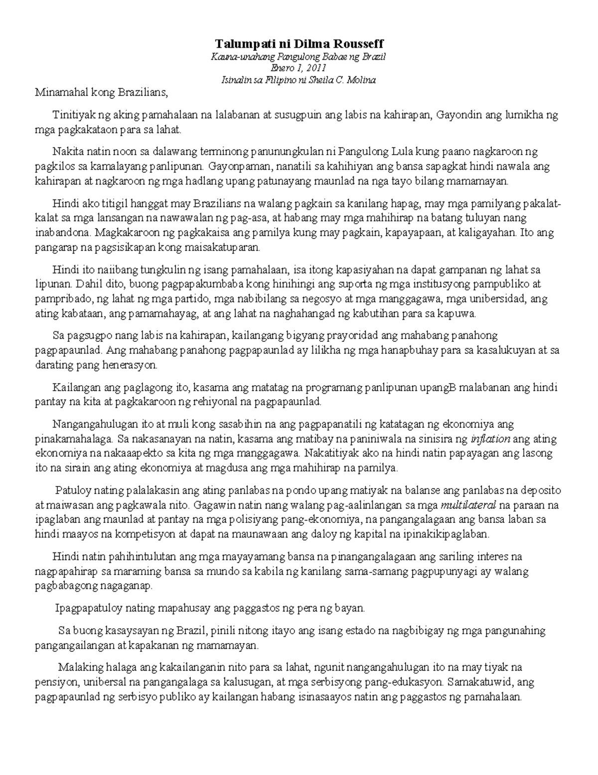 Talumpati ni Dilma Rousseff: Pangako sa Paglaban sa Kahirapan - Studocu