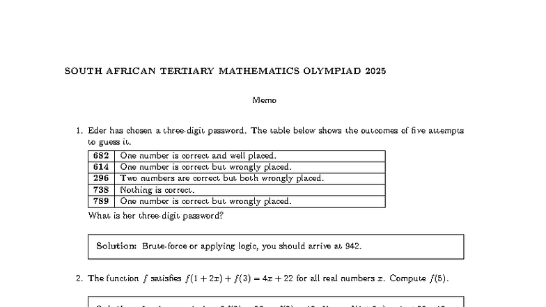 SOUTH AFRICAN TERTIARY MATHEMATICS OLYMPIAD 2025 Memo 1: Solutions and ...