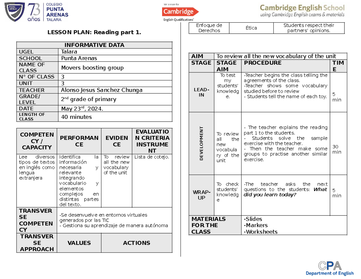 Class #3 - 2nd Grade - English Lesson Plan: Vocabulary Review - Studocu