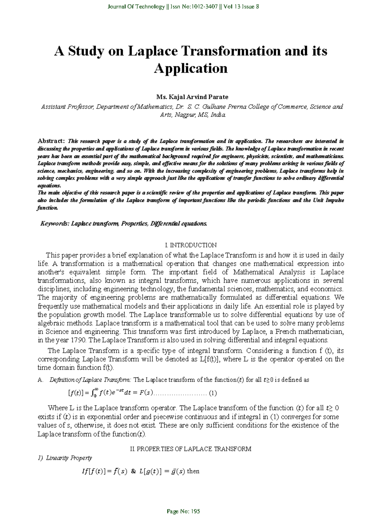 A Study on Laplace Transformation and Its Applications (JOT 1075) - Studocu