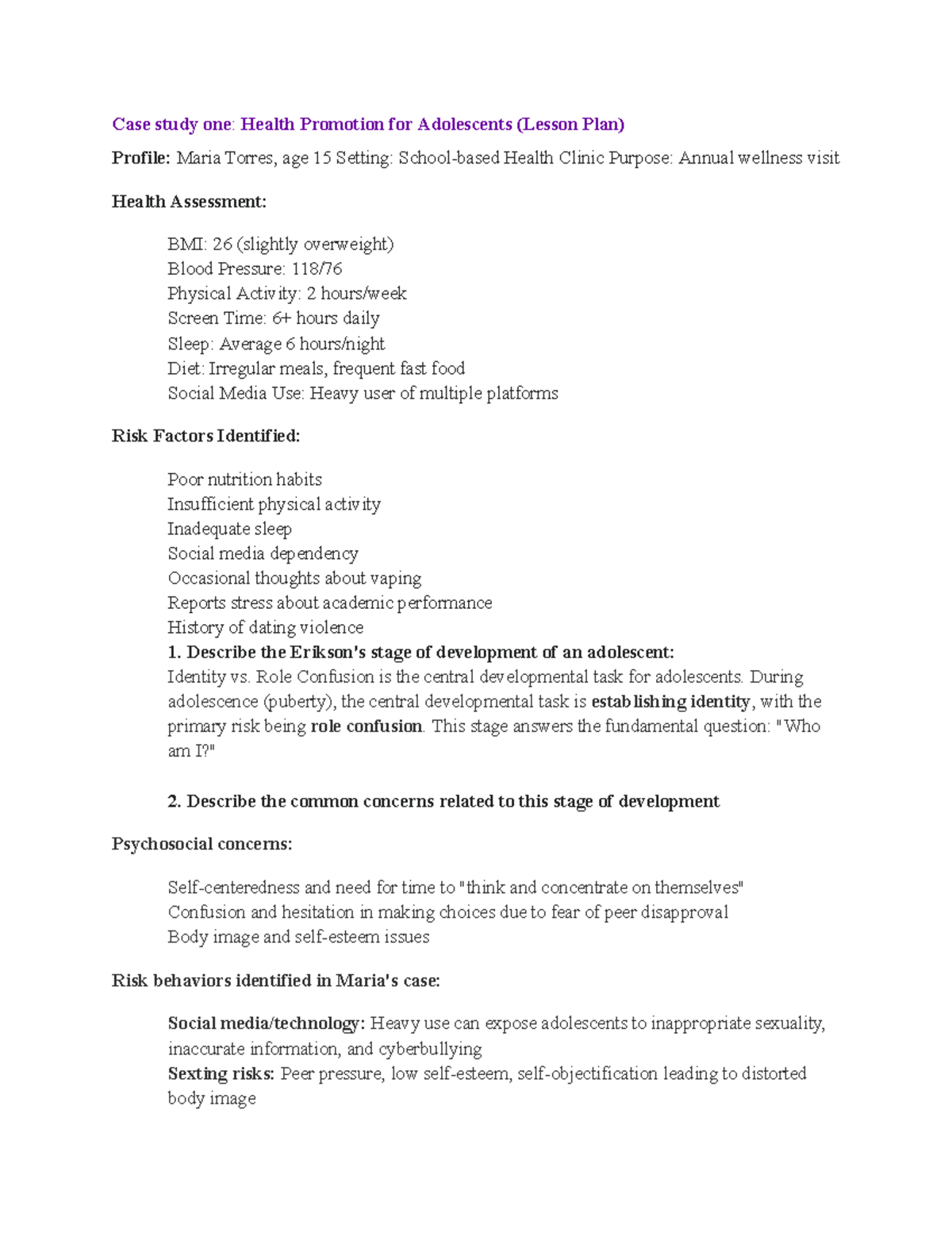 Case Study: Health Promotion for Adolescents (Lesson Plan) - Studocu