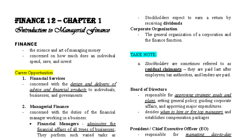 FIN12 - Chapter 1: Intro to Managerial Finance Summary - Studocu