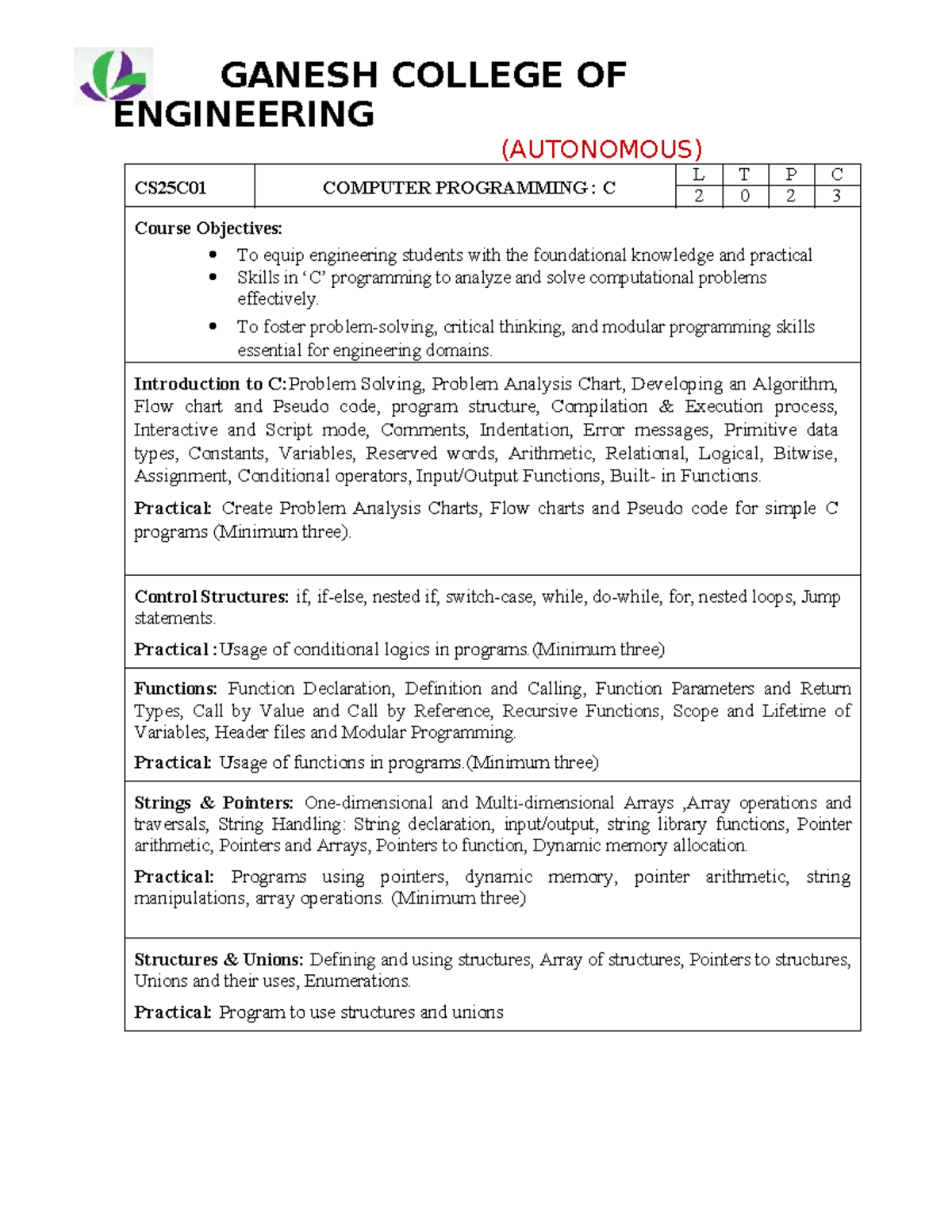 IT25201 FDSP - Computer Programming C Course Notes - Studocu