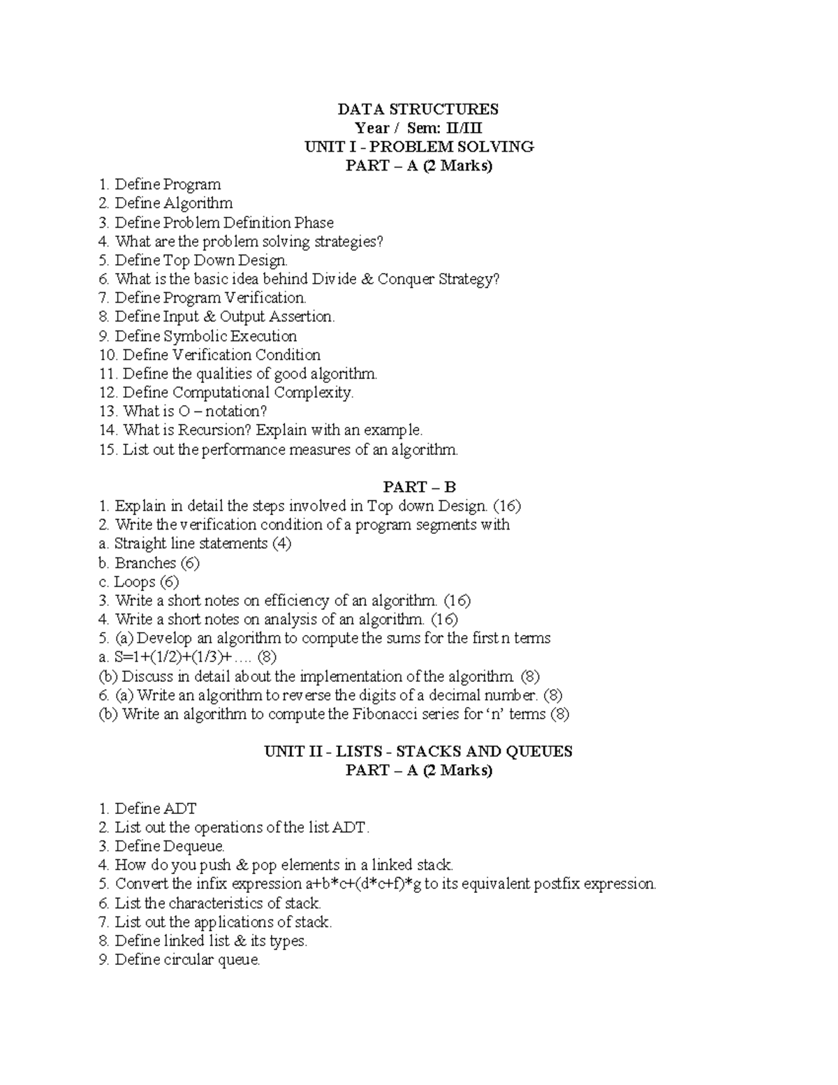 CS2201 DATA STRUCTURES UNIT I & II PROBLEM SOLVING & LISTS - Studocu