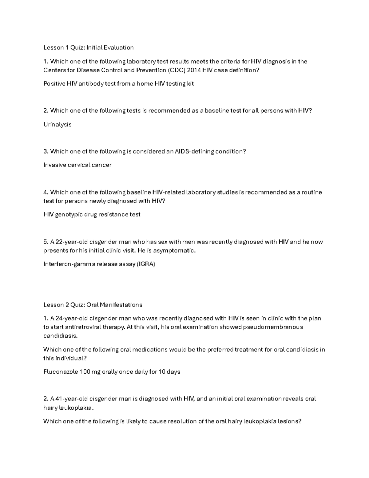 HIV Course Quiz Questions and Answers: Lesson 1-6 Review - Studocu