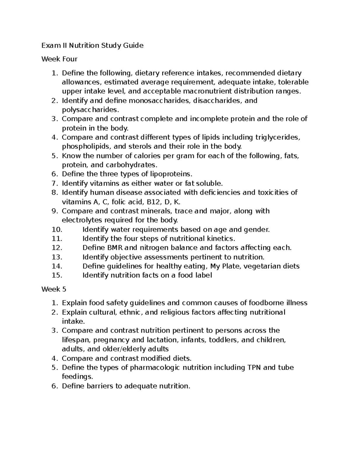 Exam II Study Guide for Nutrition NURS 3100: Key Concepts and ...