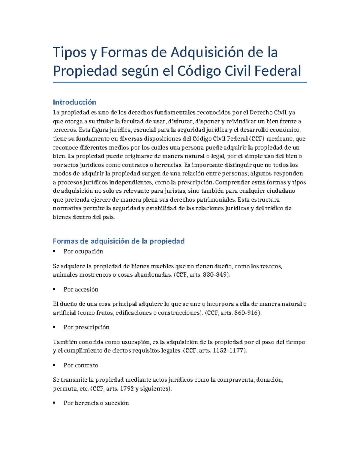 Tipos y Formas de Adquisición de la Propiedad según el CCF - Studocu