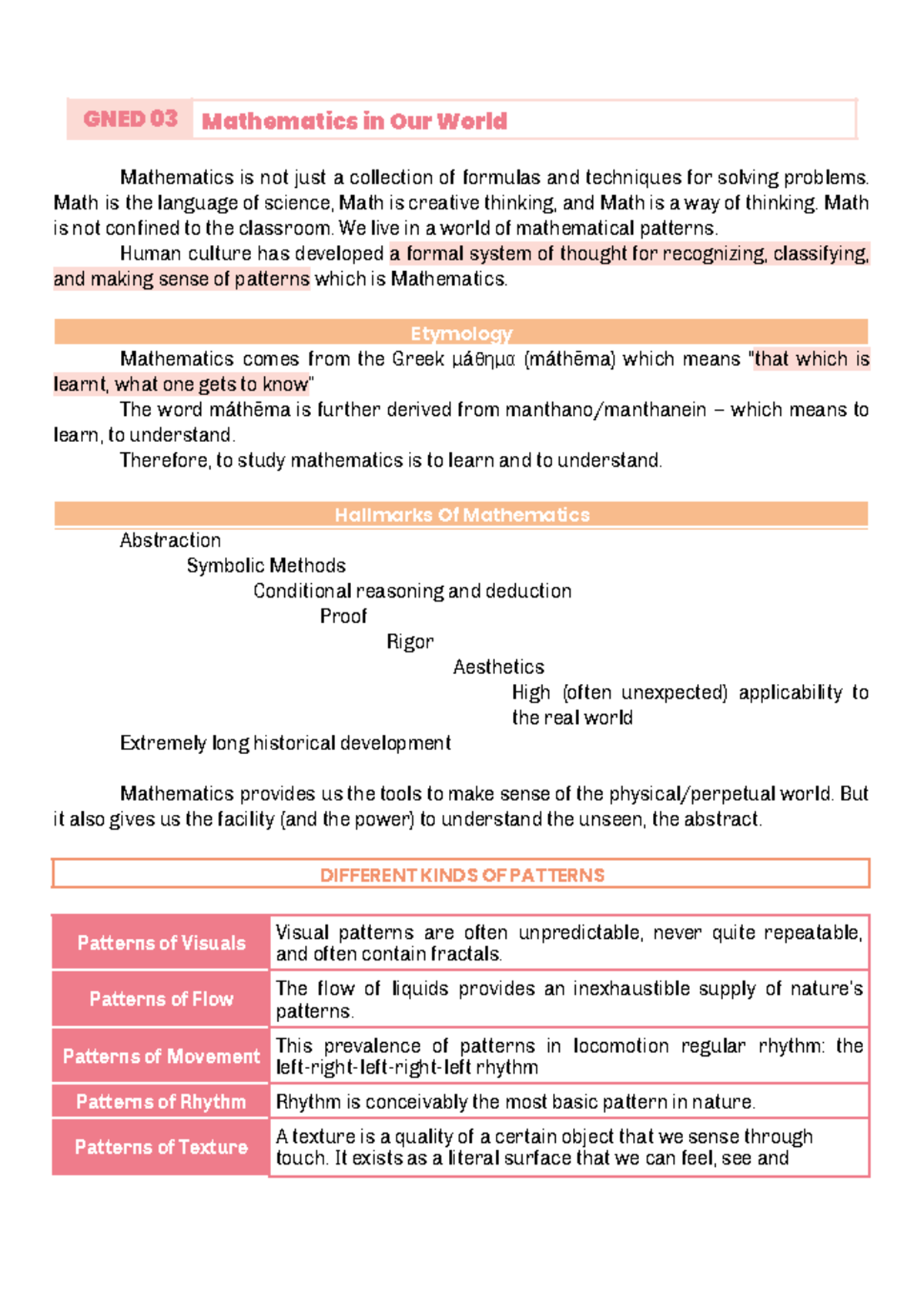 GNED 03: Exploring Mathematics in the Modern World Through Patterns - Studocu