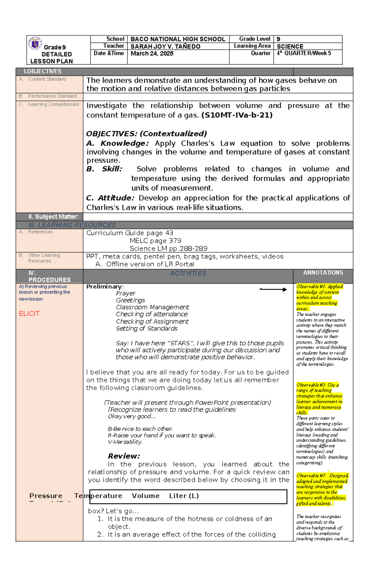 Grade 9 Science Lesson Plan: Understanding Gas Behavior (4th Quarter ...