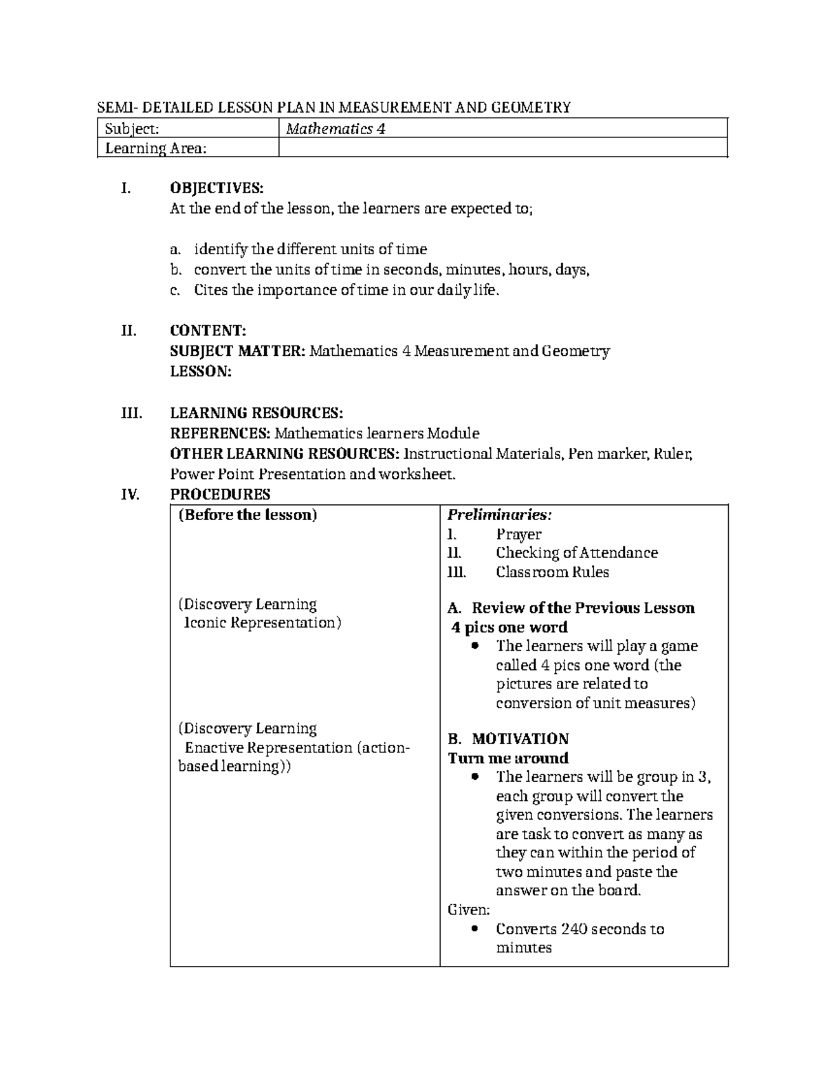 SEMI lesson plan inn math - SEMI- DETAILED LESSON PLAN IN MEASUREMENT ...