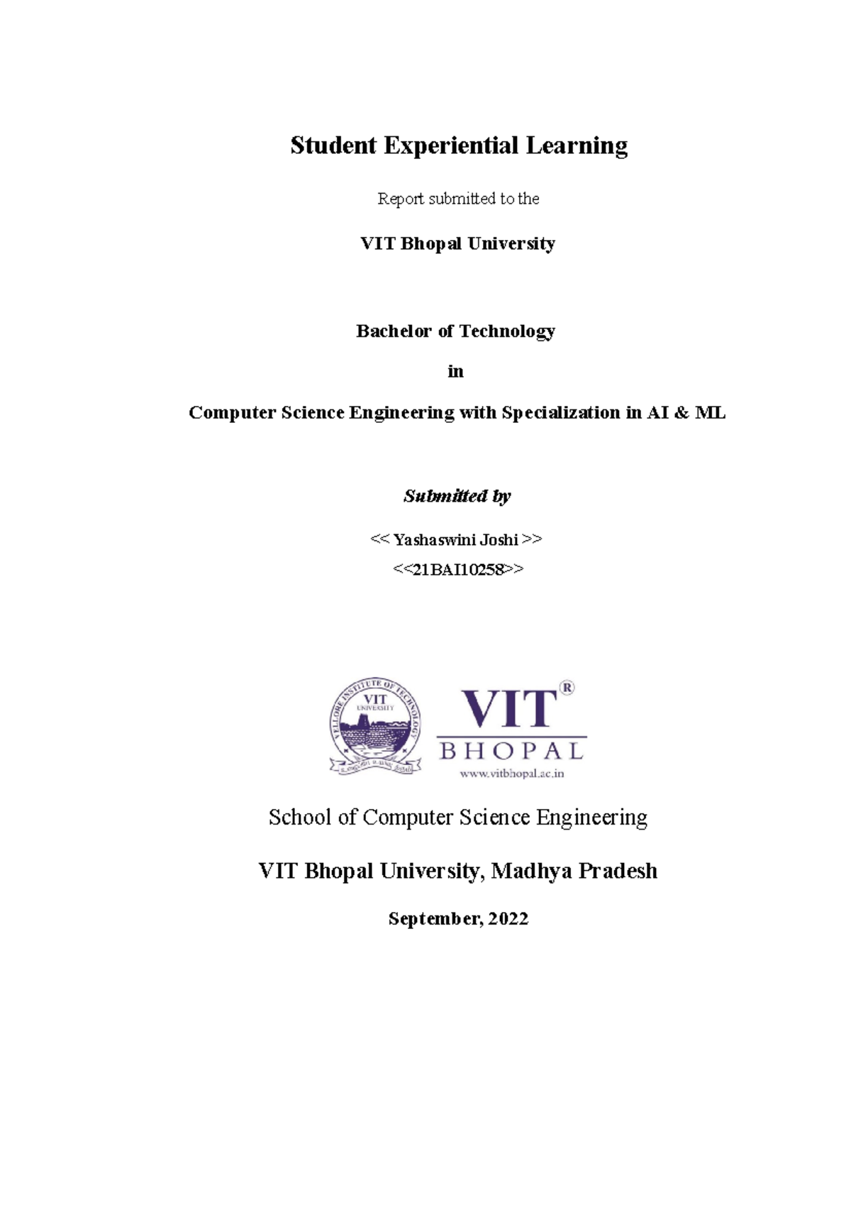 20.VITB Experiential Learning Report for B.Tech CSE (AI & ML) - Studocu