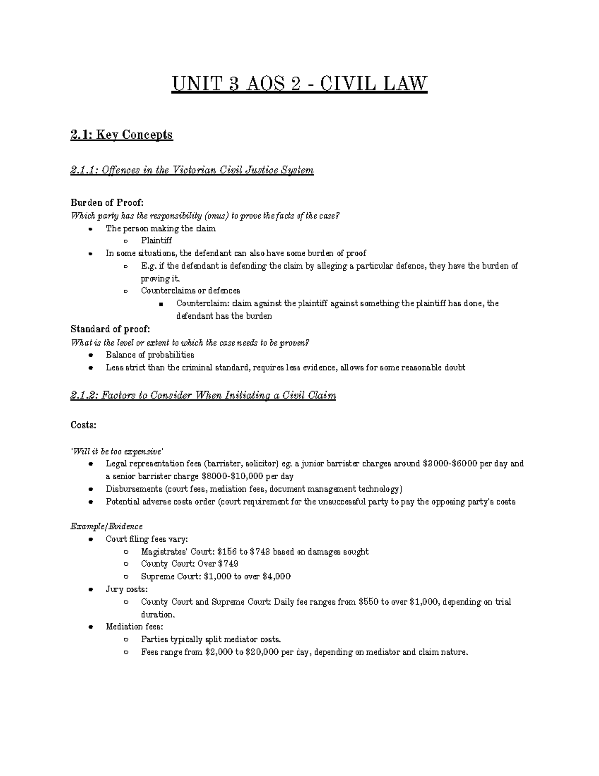 UNIT 3 AOS 2 - Civil LAW - Study notes legal studies units 3 2024 ...
