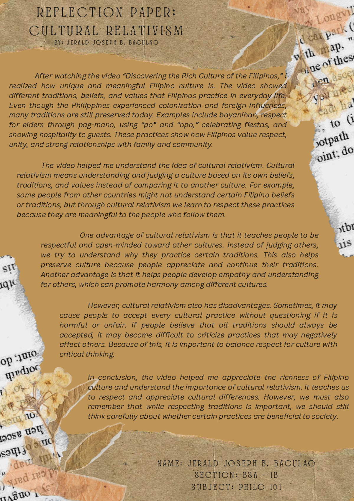 Cultural Relativism Reflection Paper: PHILO 101 by Jerald Baculao - Studocu