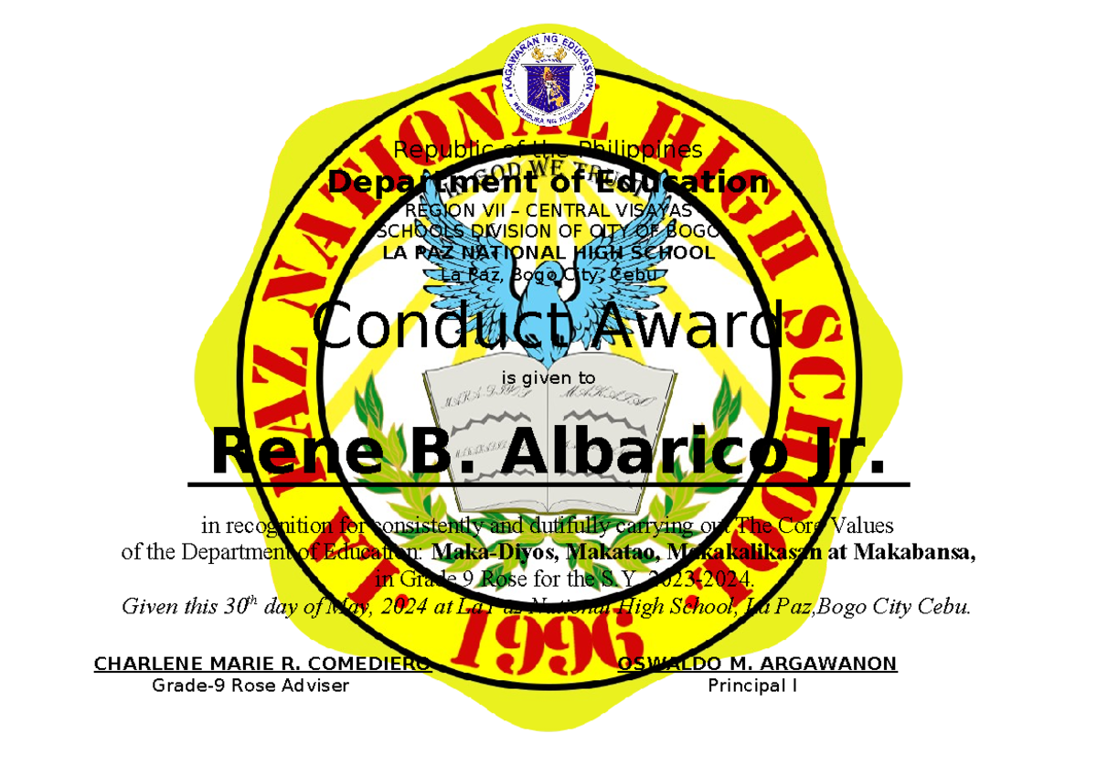 Certificate of Recognition for conduct awardees - Republic of the ...