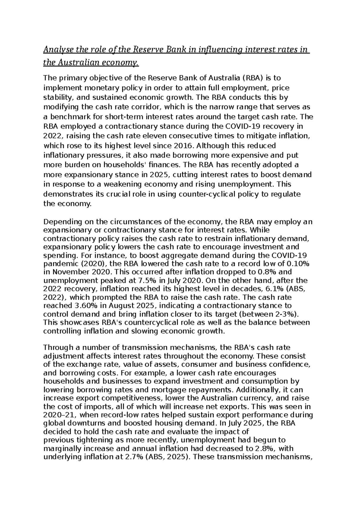 Monetary Policy Essay: RBA's Role in Interest Rate Influence - Studocu