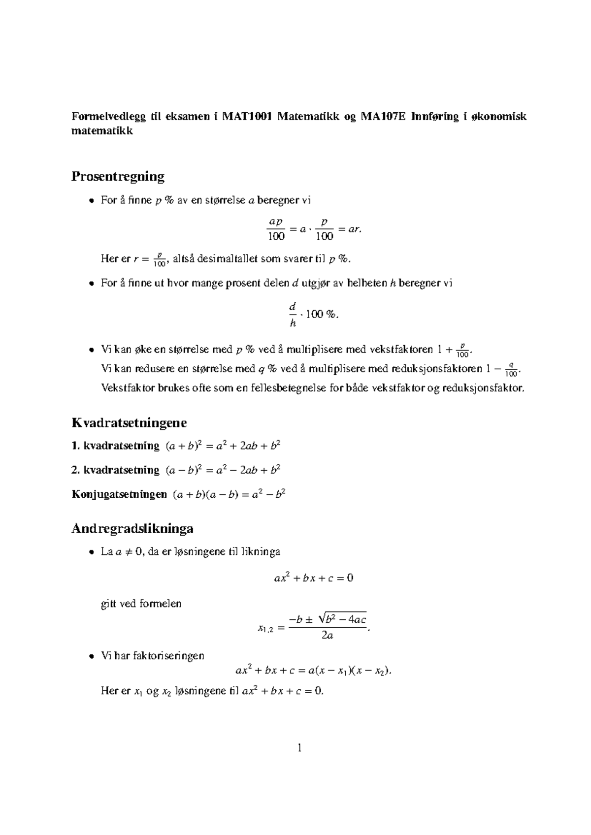 Formelsamling for MAT1001 - Eksamensnotater i Matematikk - Studocu