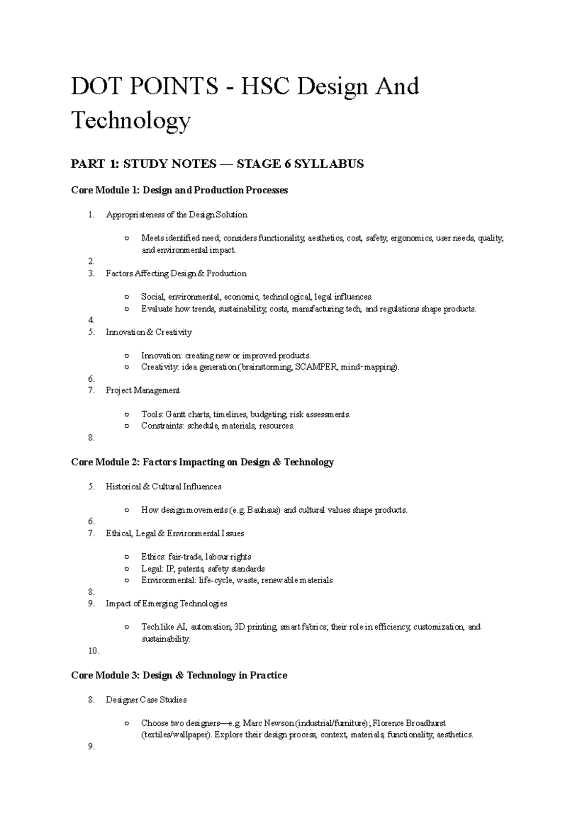 HSC Design & Technology Study Notes: Core Modules Overview - Studocu