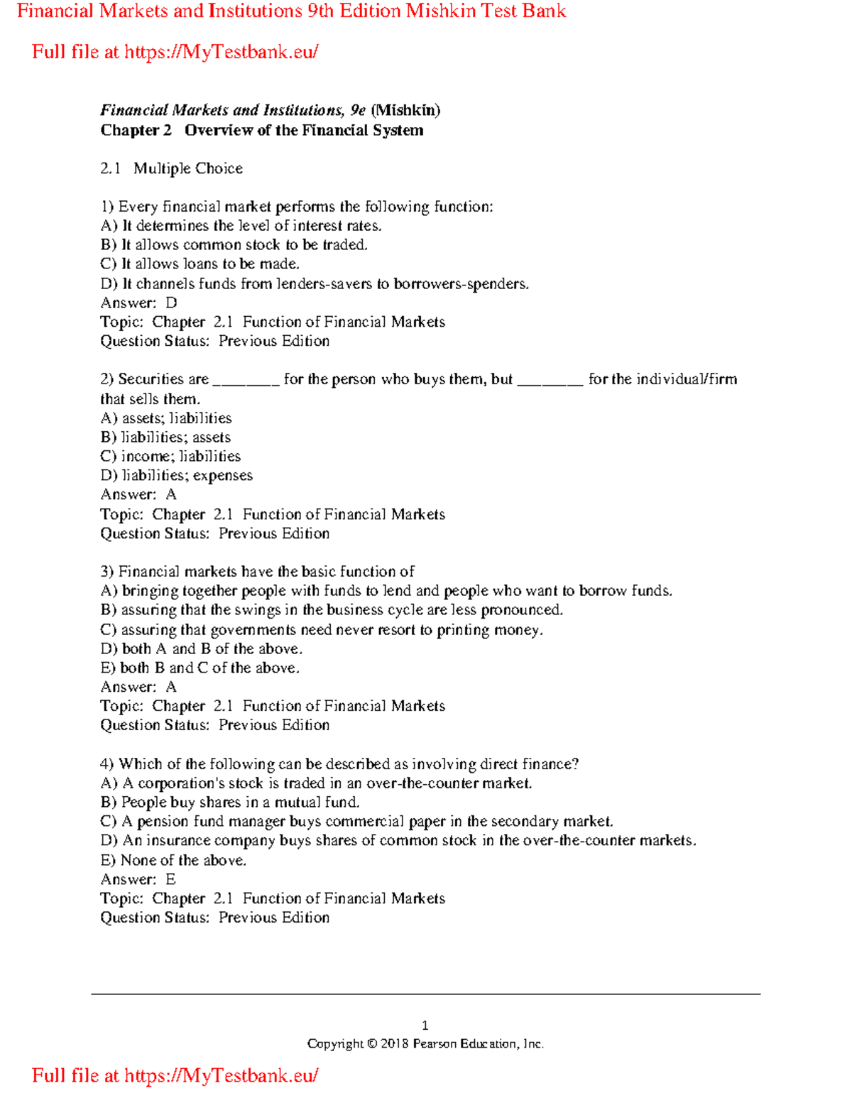 Pdfcoffee - Chapter 2 Overview: Financial Markets & Institutions (Mishkin) - Studocu