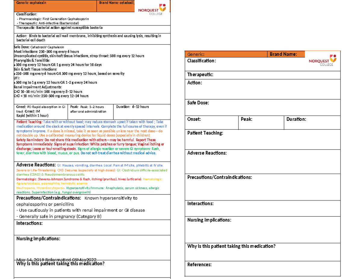 Cephalexin (First Gen Cephalosporin) Medication Research Card - Studocu