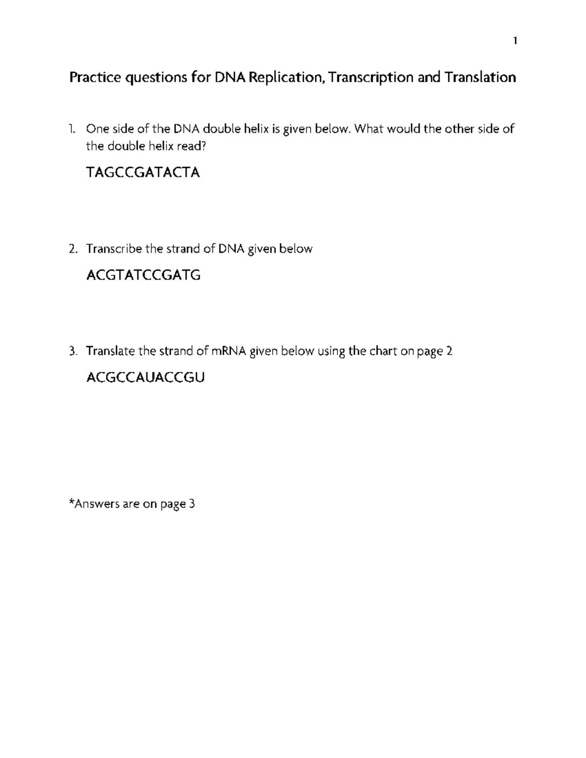 Practice Questions for DNA Replication, Transcription & Translation ...