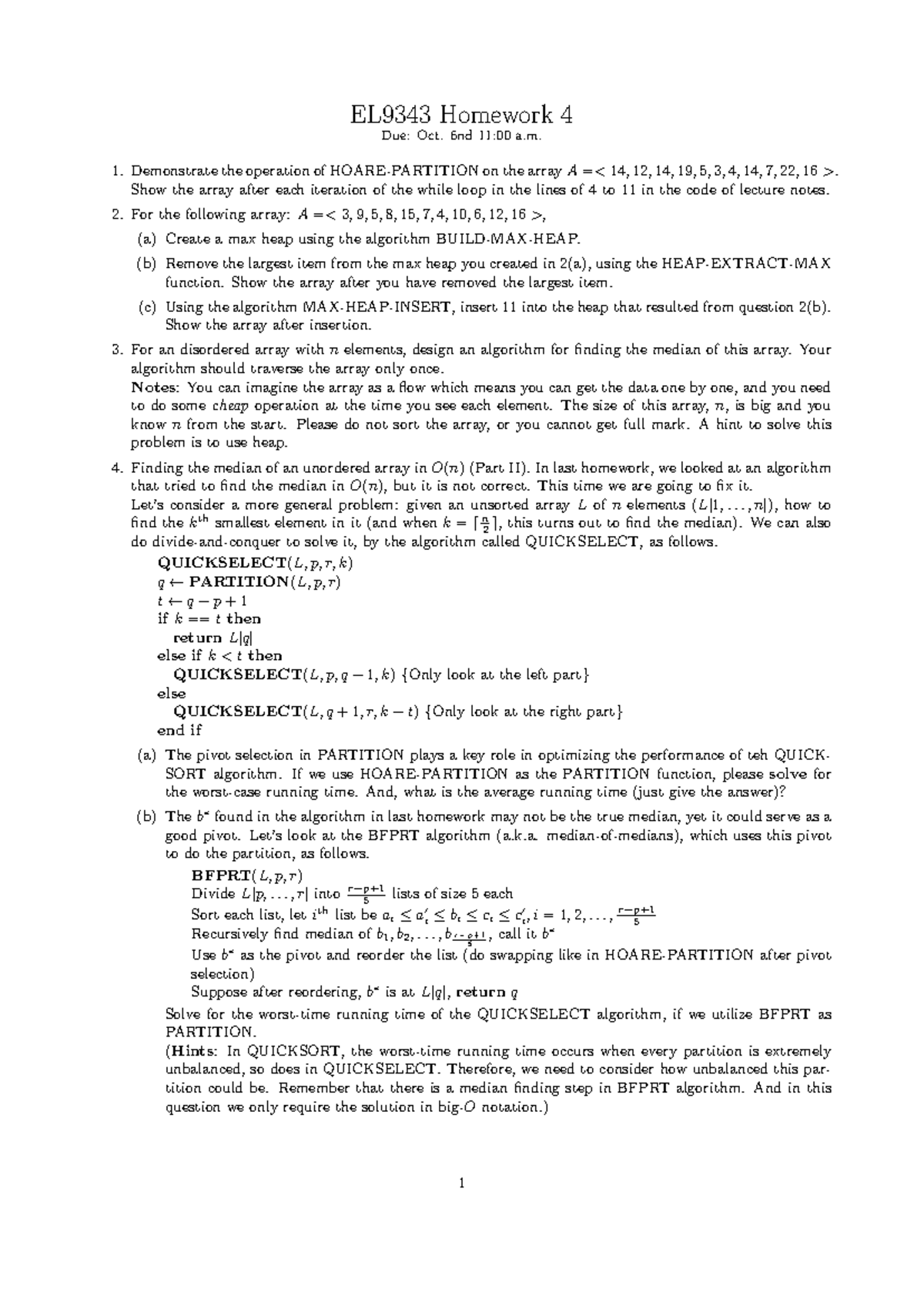 EL9343 Homework 4: HOARE-PARTITION & Median Finding Algorithms - Studocu