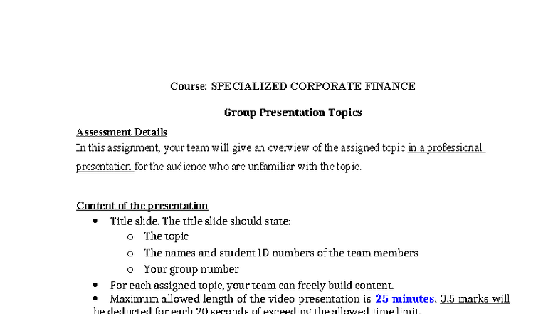 SPECIALIZED CORPORATE FINANCE Group Presentation Topics Overview - Studocu