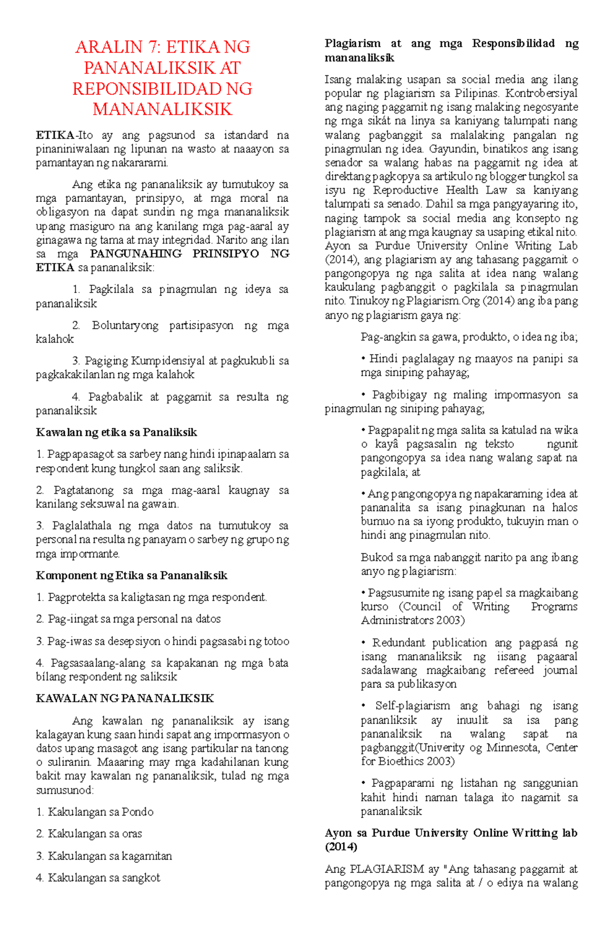Aralin 7: Etika at Responsibilidad sa Pananaliksik (none) - Studocu