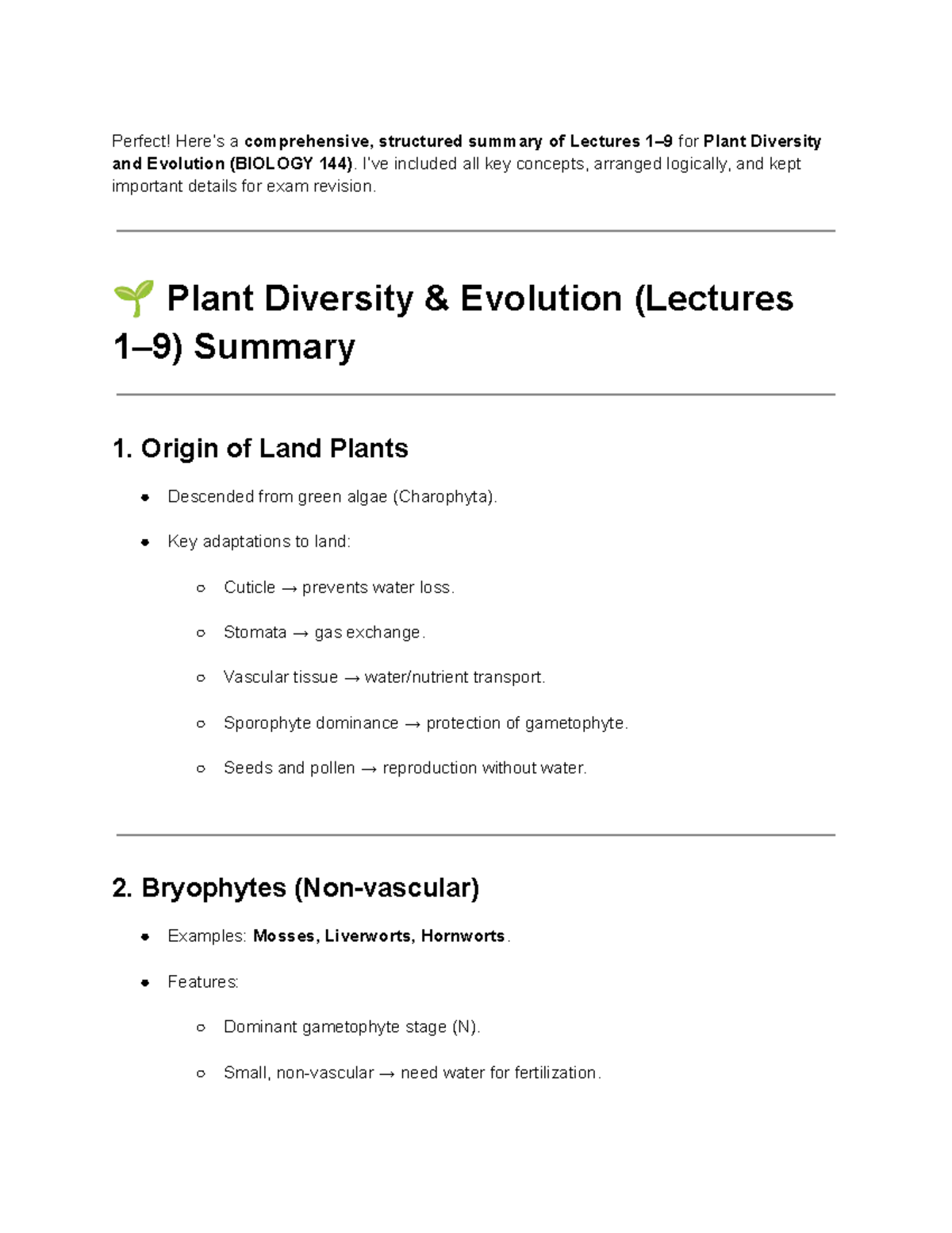 Plant Diversity and Evolution Lecture Notes (BIOLOGY 144) - Studocu